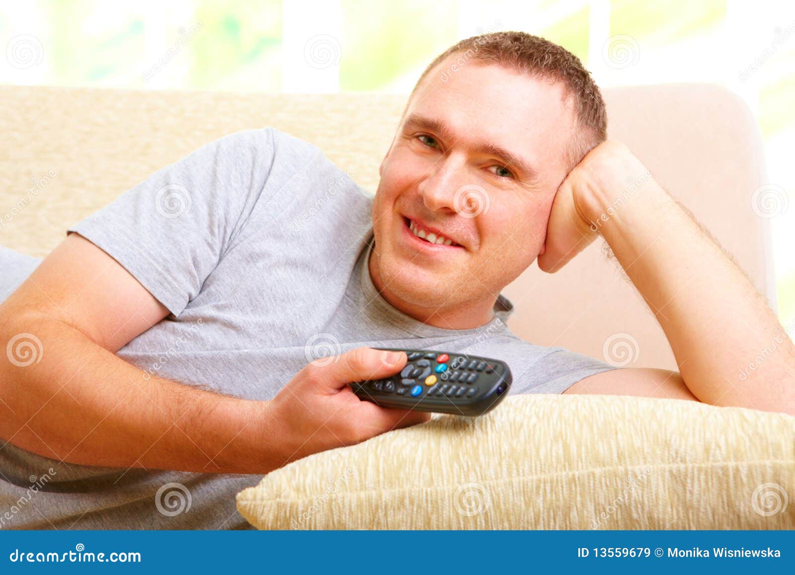 Smiling Man Watching Television Stock Image - Image of room, happy ...
