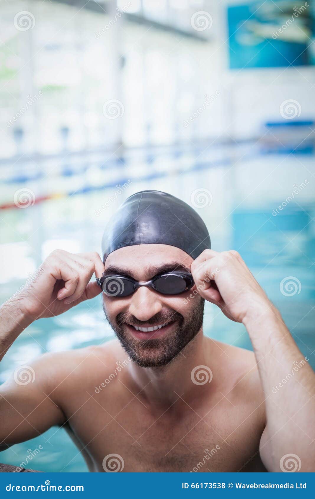 Smiling Man Wearing Swim Cap and Goggles Stock Photo - Image of happy ...