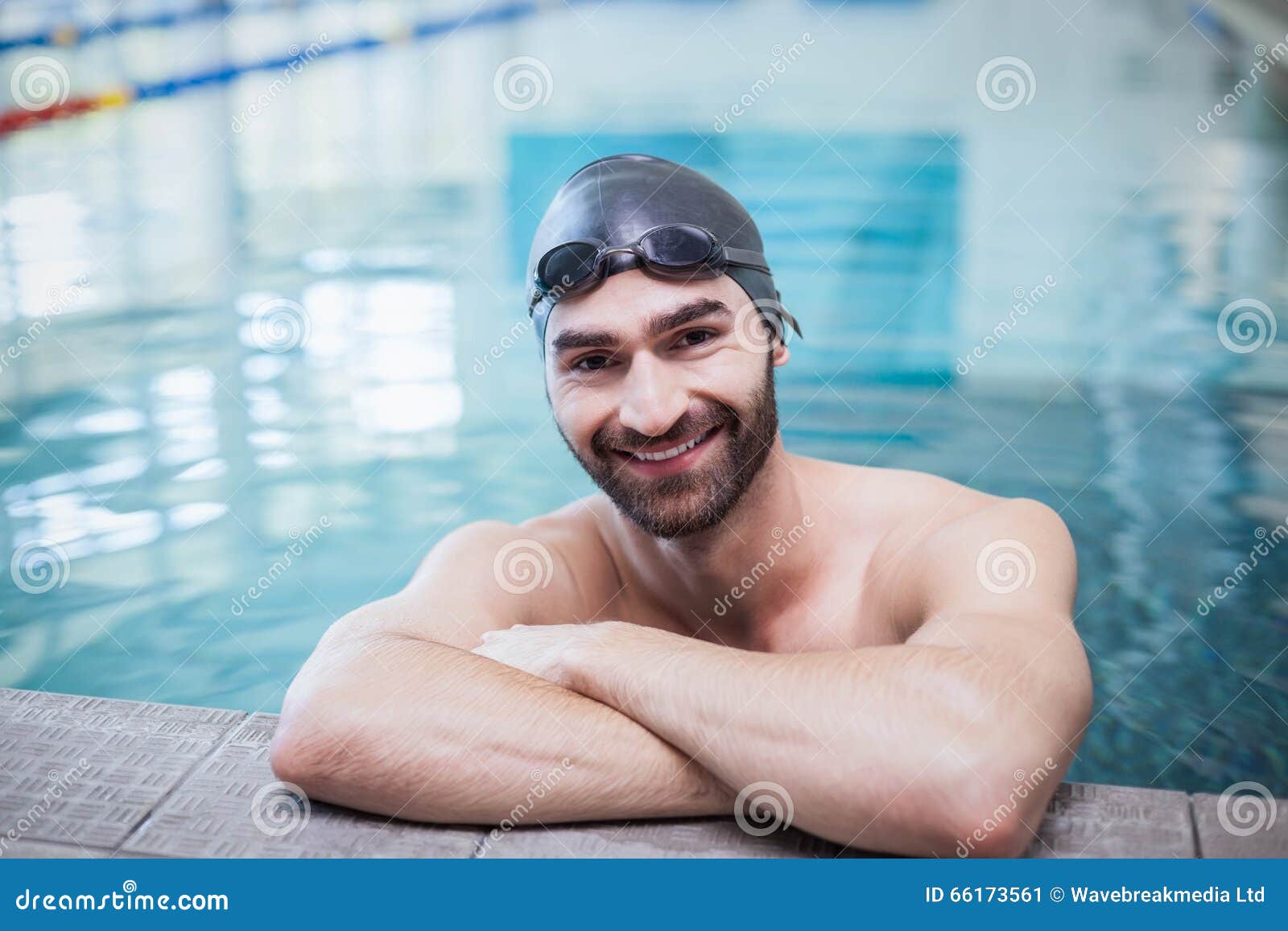 Smiling Man Wearing Swim Cap and Goggles Stock Image - Image of ...