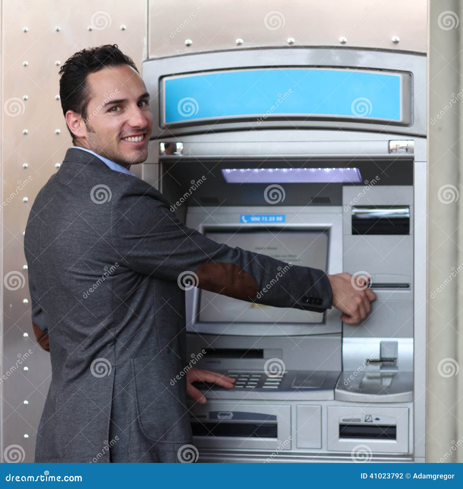 Smiling Man Withdrawing Money at ATM Stock Photo - Image of automatic ...