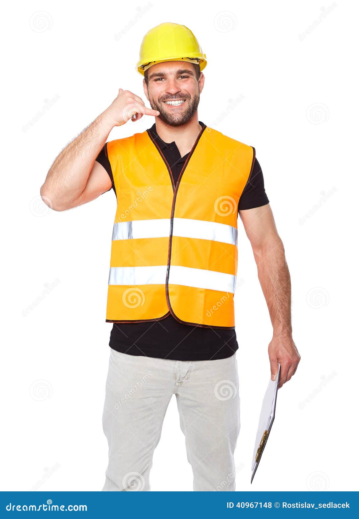 Smiling Man in Work Clothes Making a Call Me Sign Stock Photo - Image ...