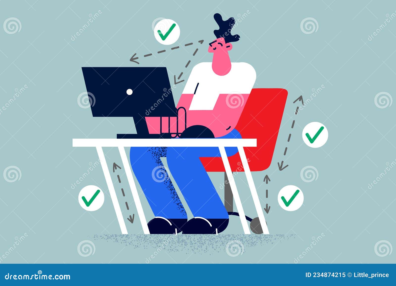 Smiling Man Work on Computer in Correct Position Stock Vector ...