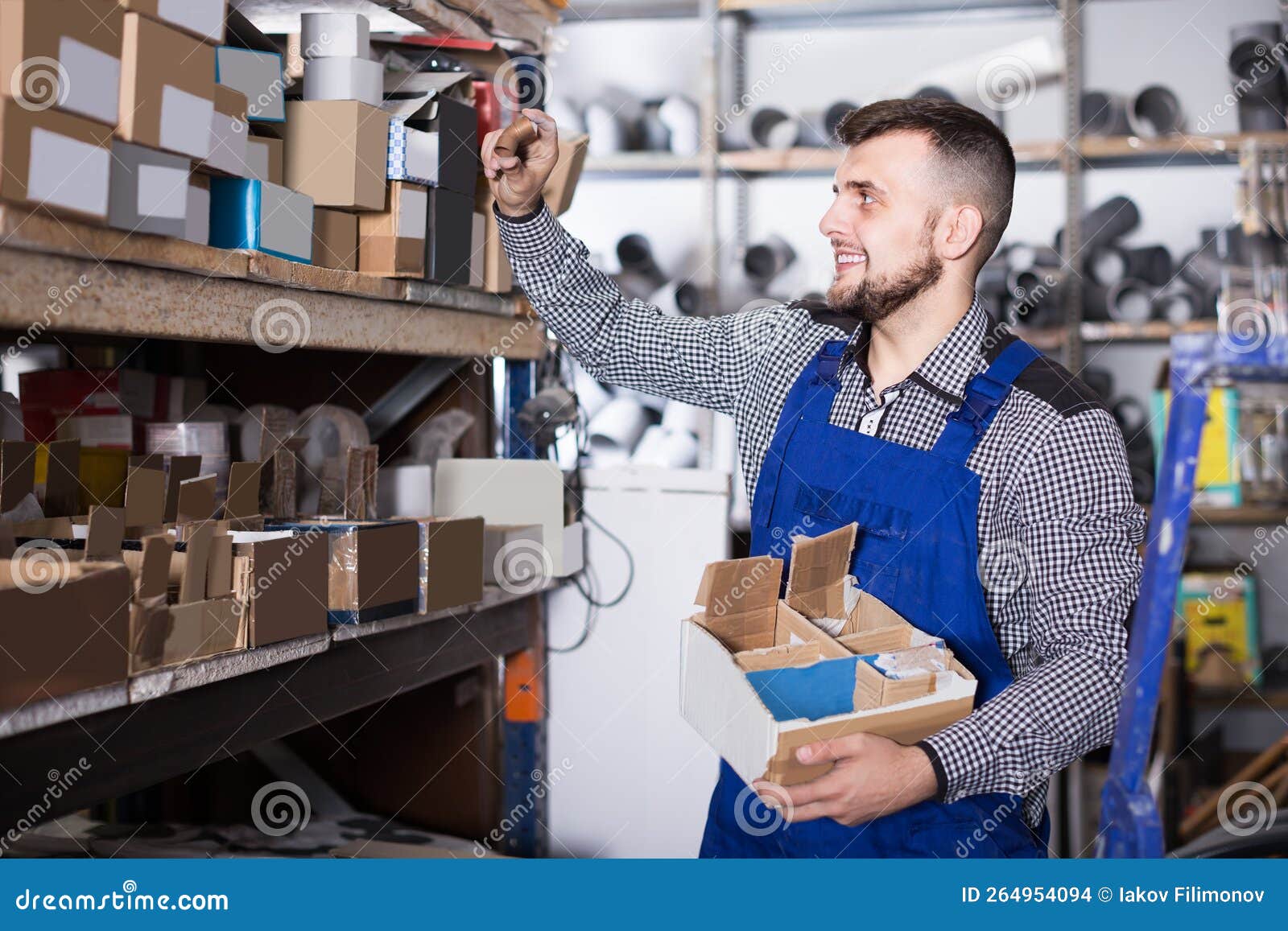 Smiling Man Worker Sorting Sanitary Engineering Details Stock Photo ...