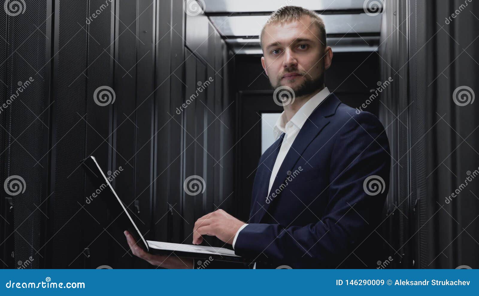 Smiling Man Working As Administrator in Data Center with Servers Stock ...