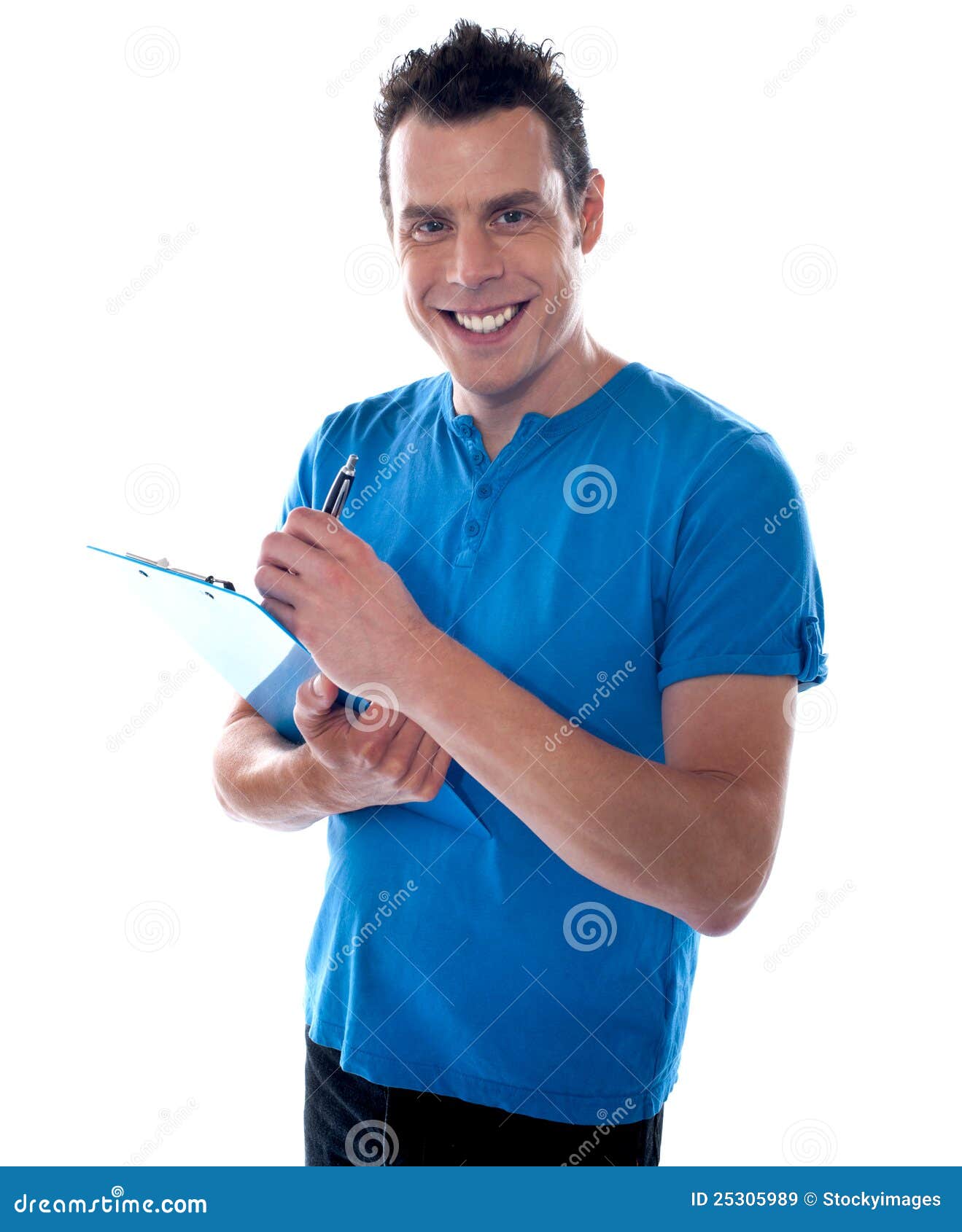 Smiling Man Writing on Clipboard Stock Image - Image of notes ...