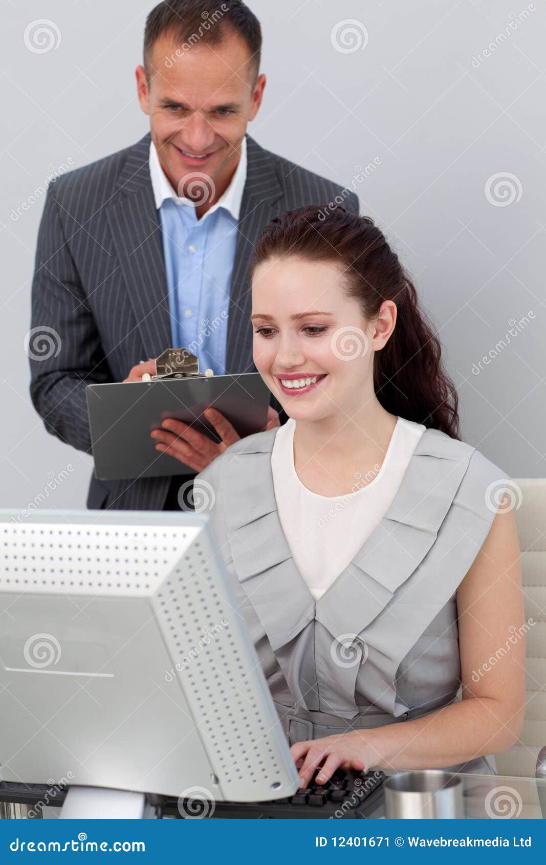Smiling Manager Checking His Employee S Work Stock Image - Image of ...