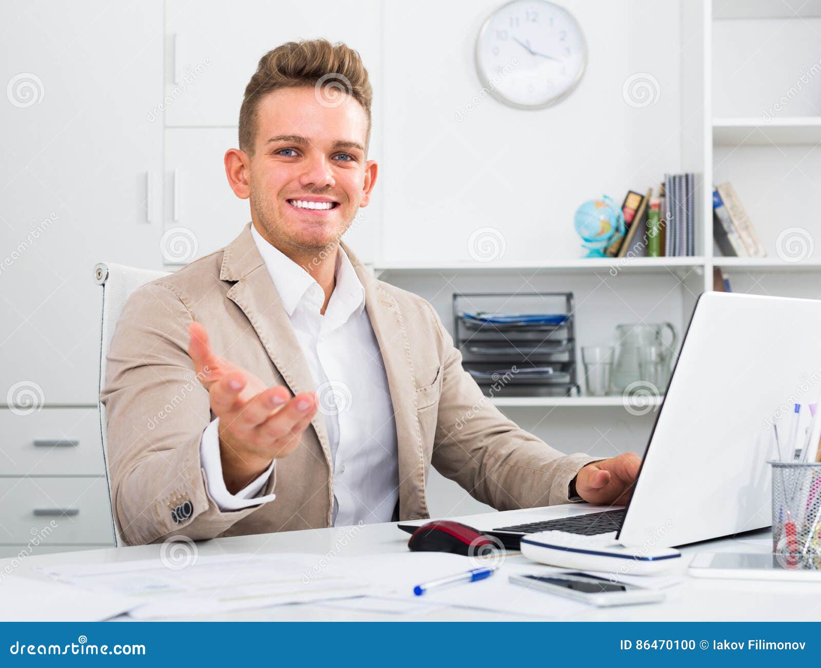 Smiling Manager at Office Desk with Laptop Stock Photo - Image of ...