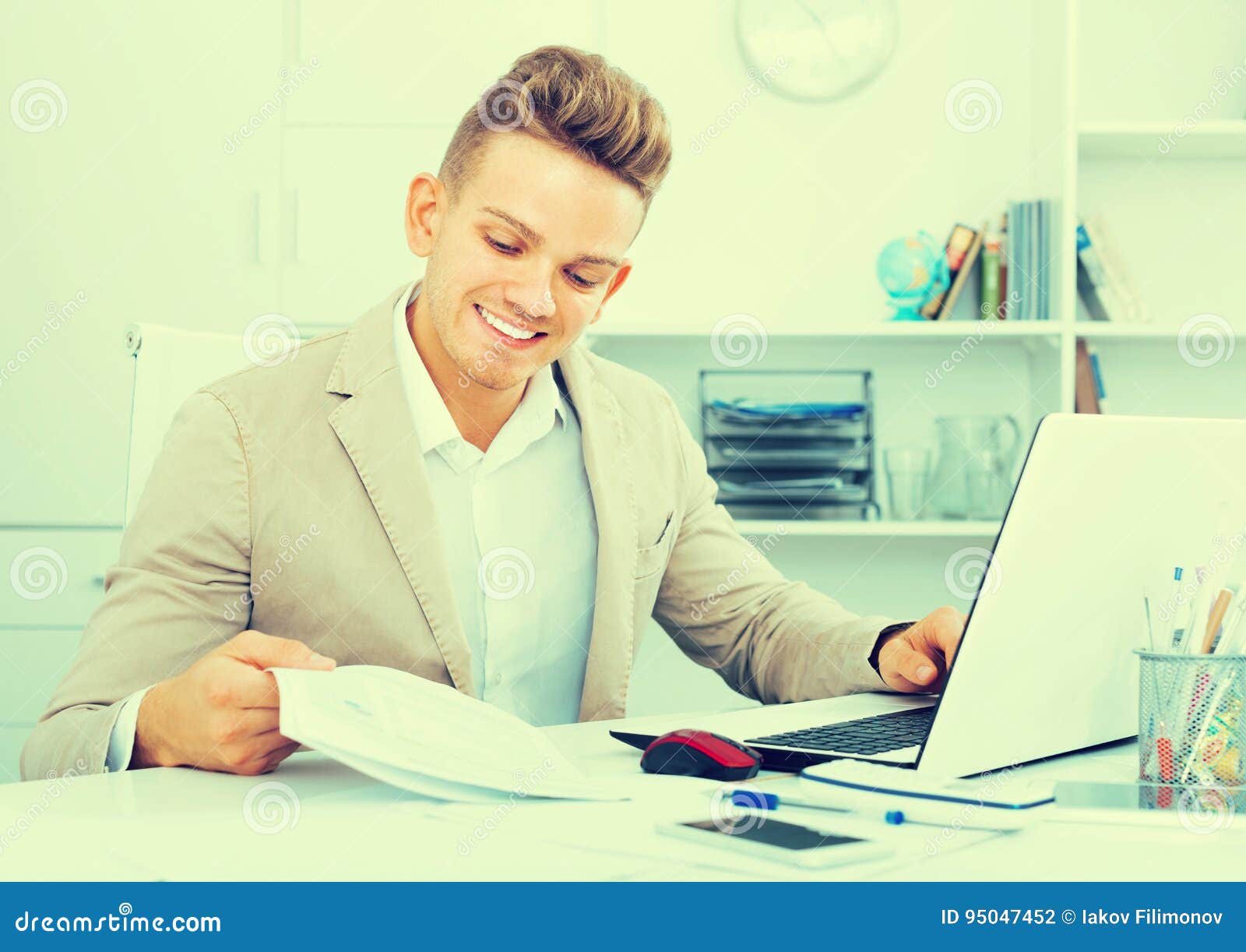 Smiling Manager at Office Desk with Laptop Stock Photo - Image of chief ...