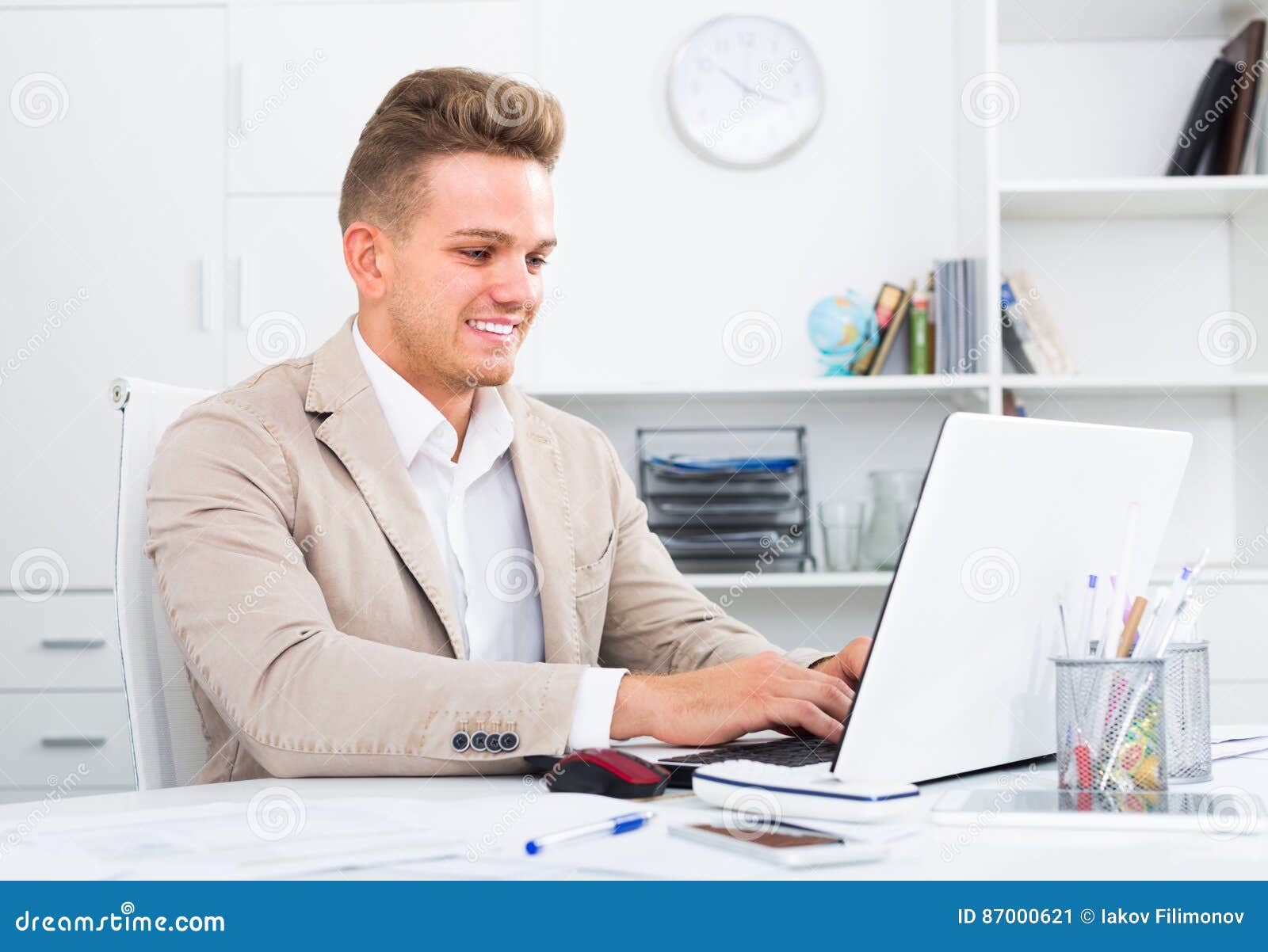 Smiling Manager at Office Desk with Laptop Stock Image - Image of ...