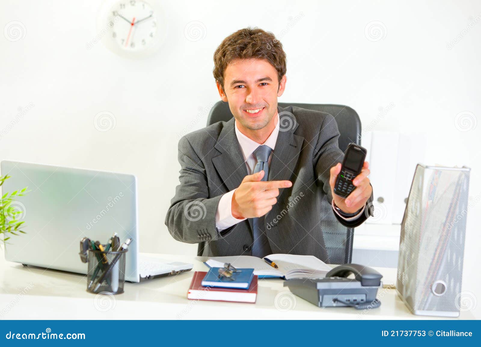 Smiling Manager Pointing on Mobile Stock Image - Image of armchair ...