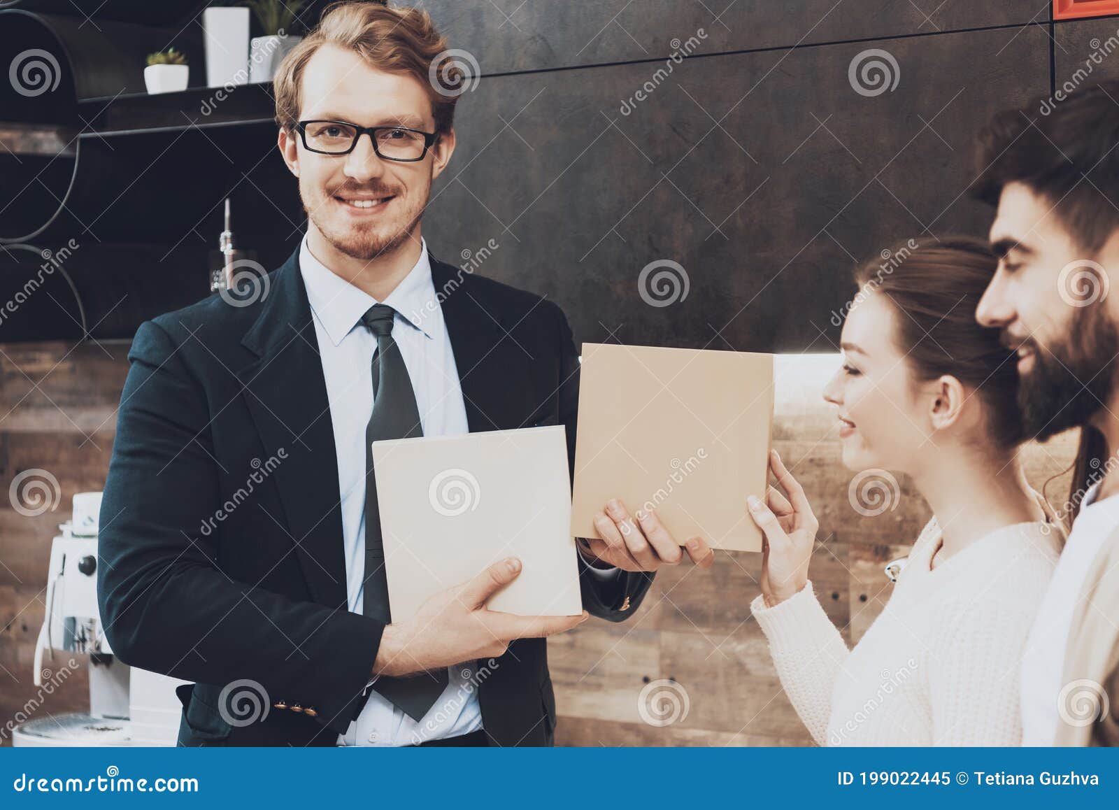 Smiling Manager In Suit Is Showing Materials Stock Image Image Of