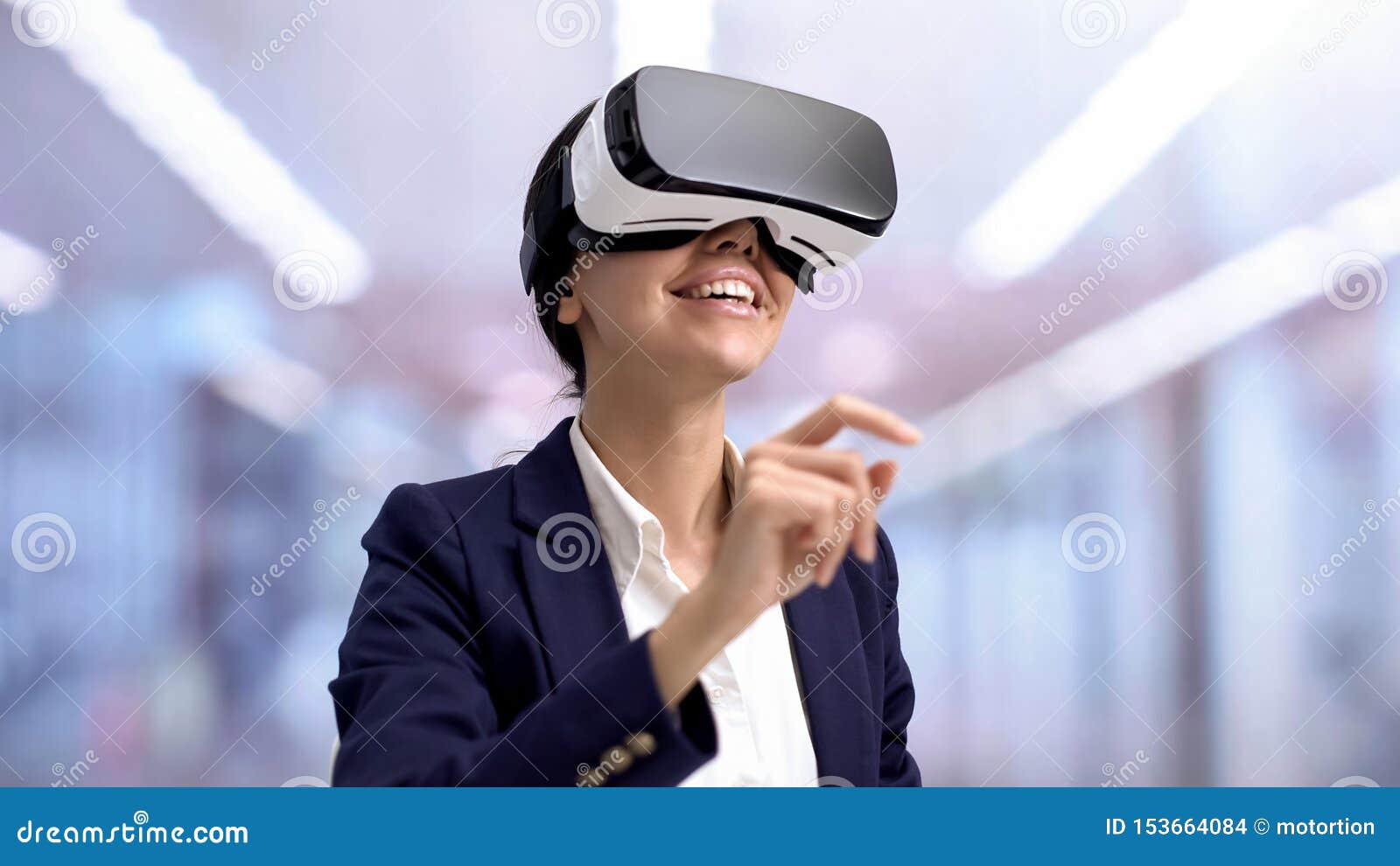 Smiling Manager in Virtual Reality Headset Scrolling Images, Office ...