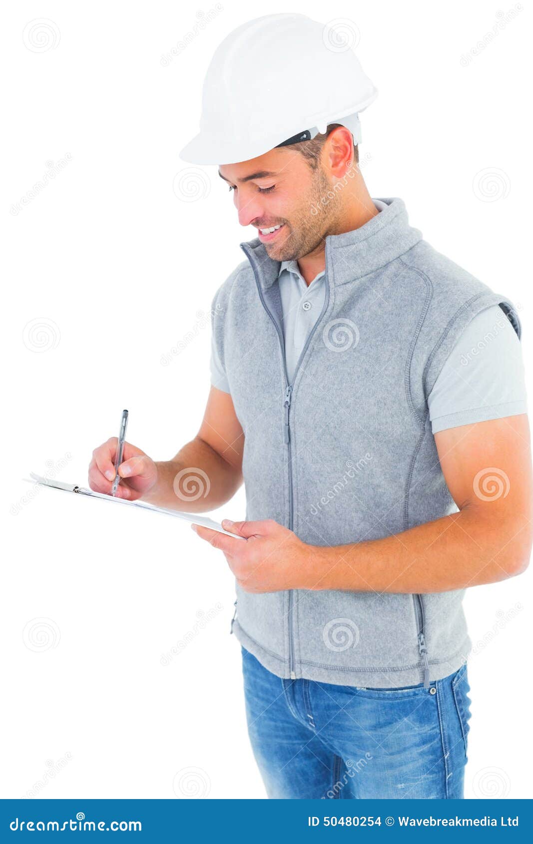 Smiling Manual Worker Writing on Clipboard Stock Photo - Image of ...