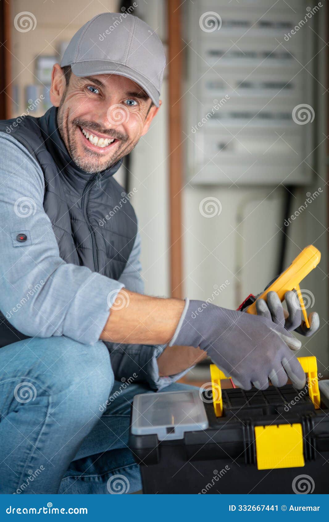 Smiling Mature Electrician Holding Toolbox and Multimeter Stock Image ...