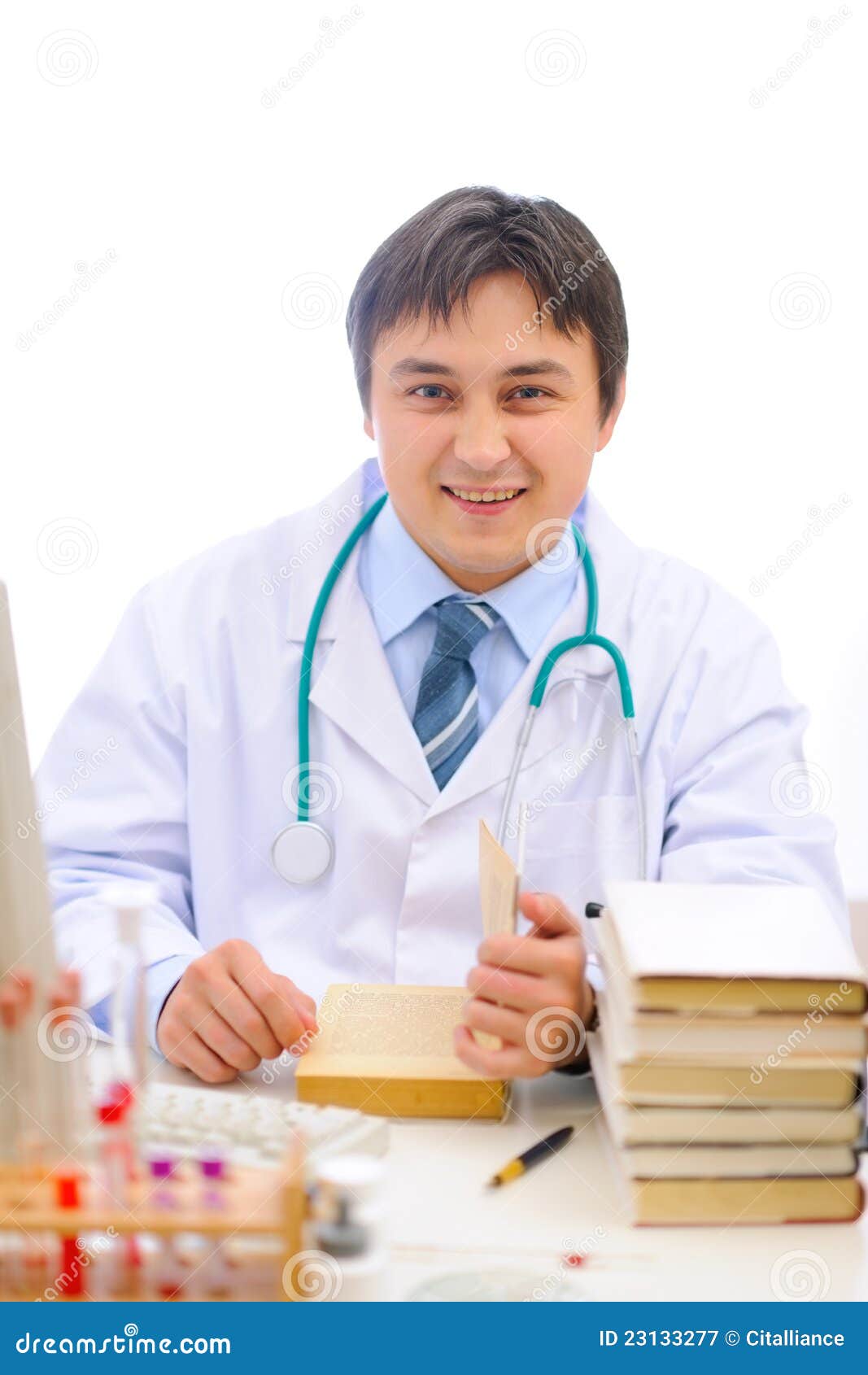 Smiling Medical Doctor Sitting at Table Stock Image - Image of care ...