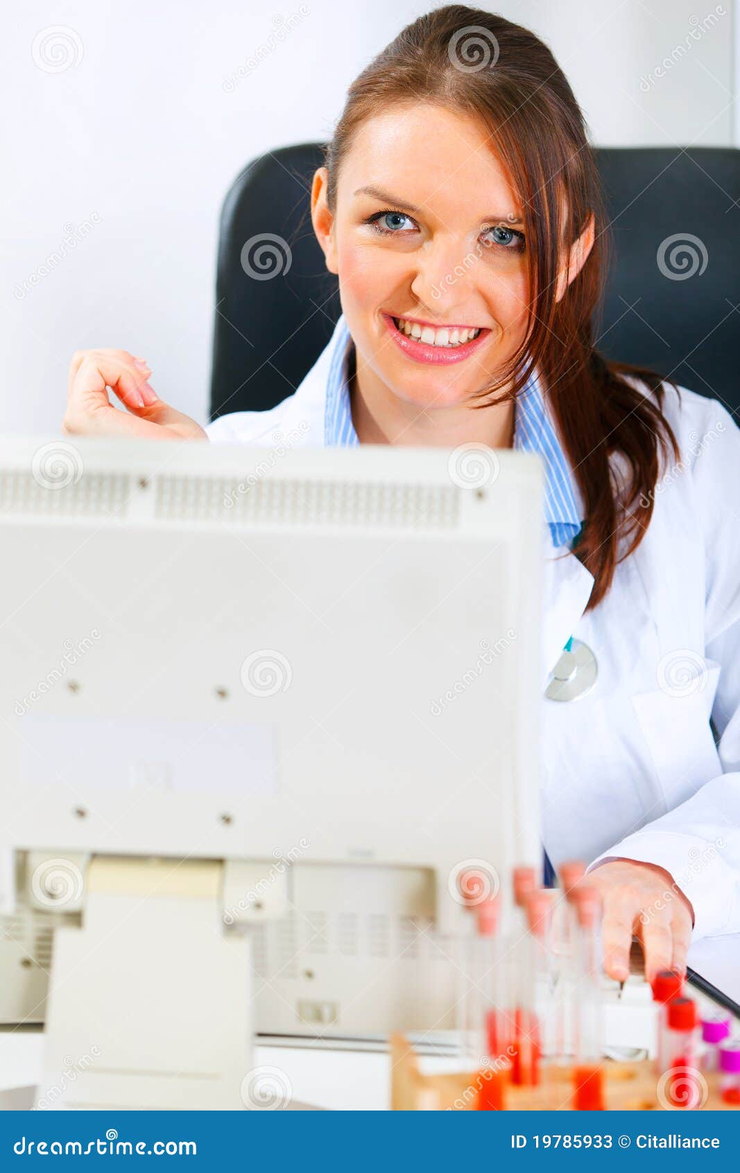 Smiling Medical Doctor Woman Working on Computer Stock Image - Image of ...