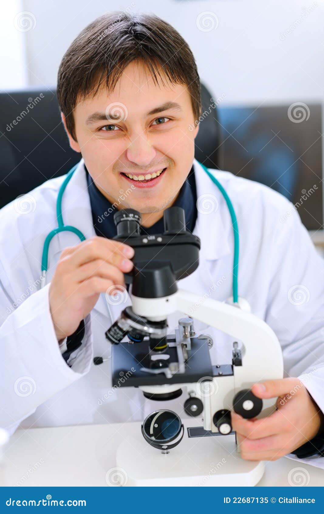 Smiling Medical Doctor Working with Microscope Stock Image - Image of ...