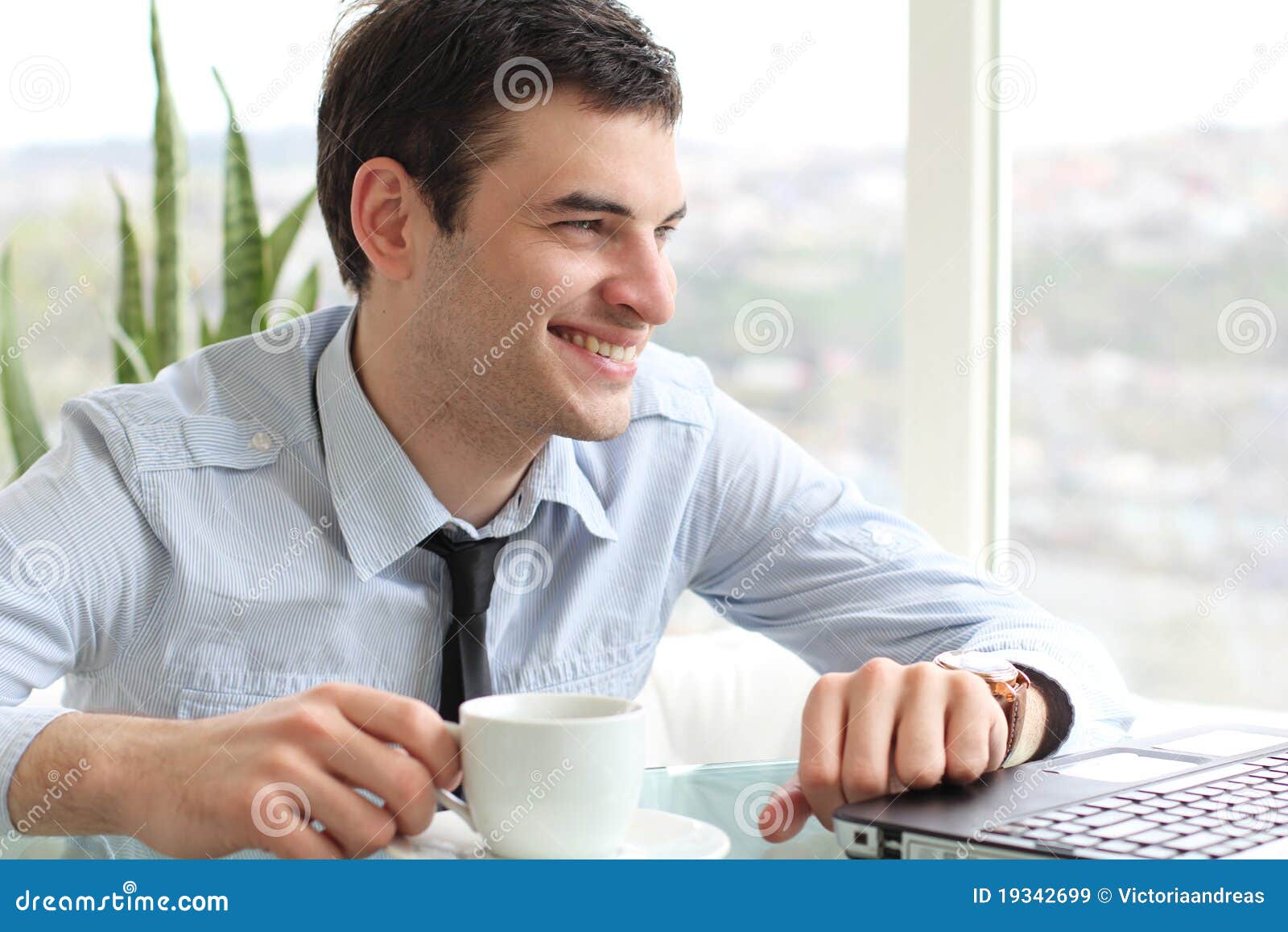 Smiling Men Drinking Tea and Look at Laptop Stock Image - Image of boss ...