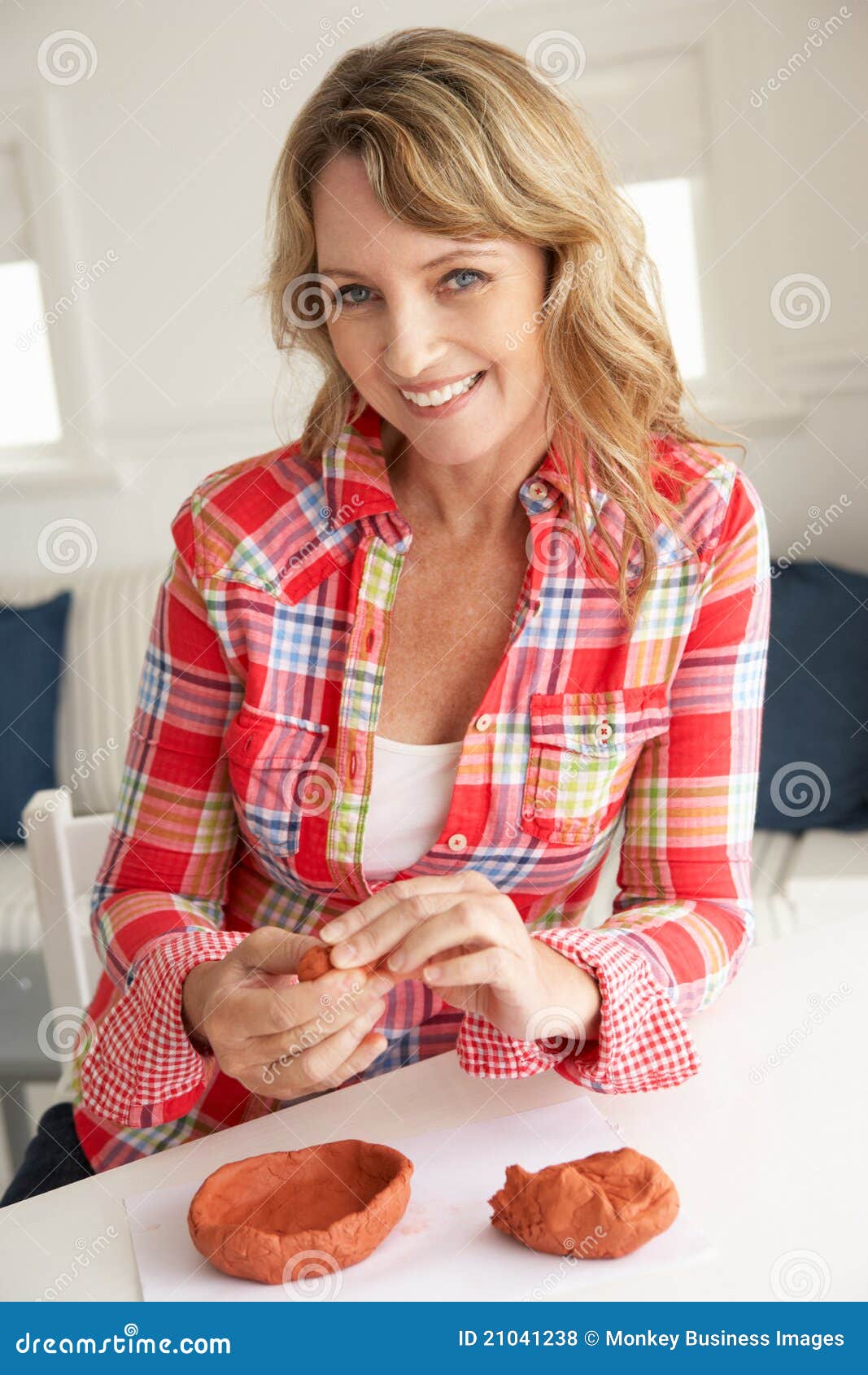 Smiling Mid Age Woman Clay Modeling Stock Photo - Image of crafts ...