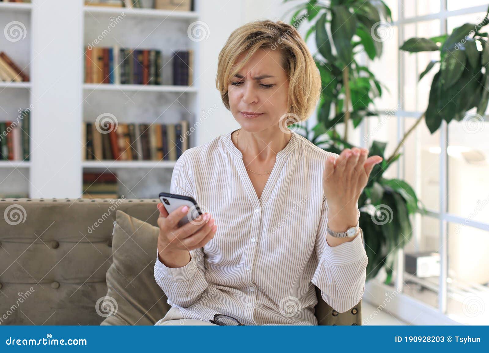 Smiling Middle Aged Woman Holding Phone, Using Mobile Device Apps ...
