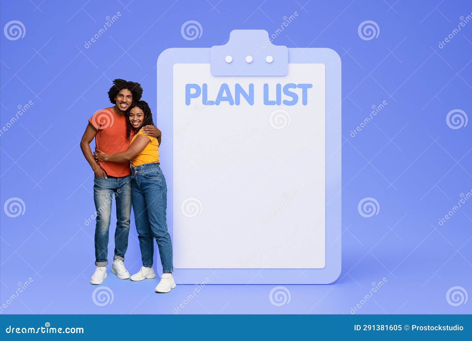 Smiling Millennial Black Woman Hugs Man Near Big Plan List With Copy