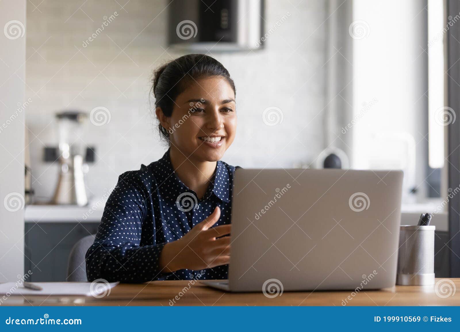 Smiling Indian Woman Look At Laptop Screen Working Stock Image Image