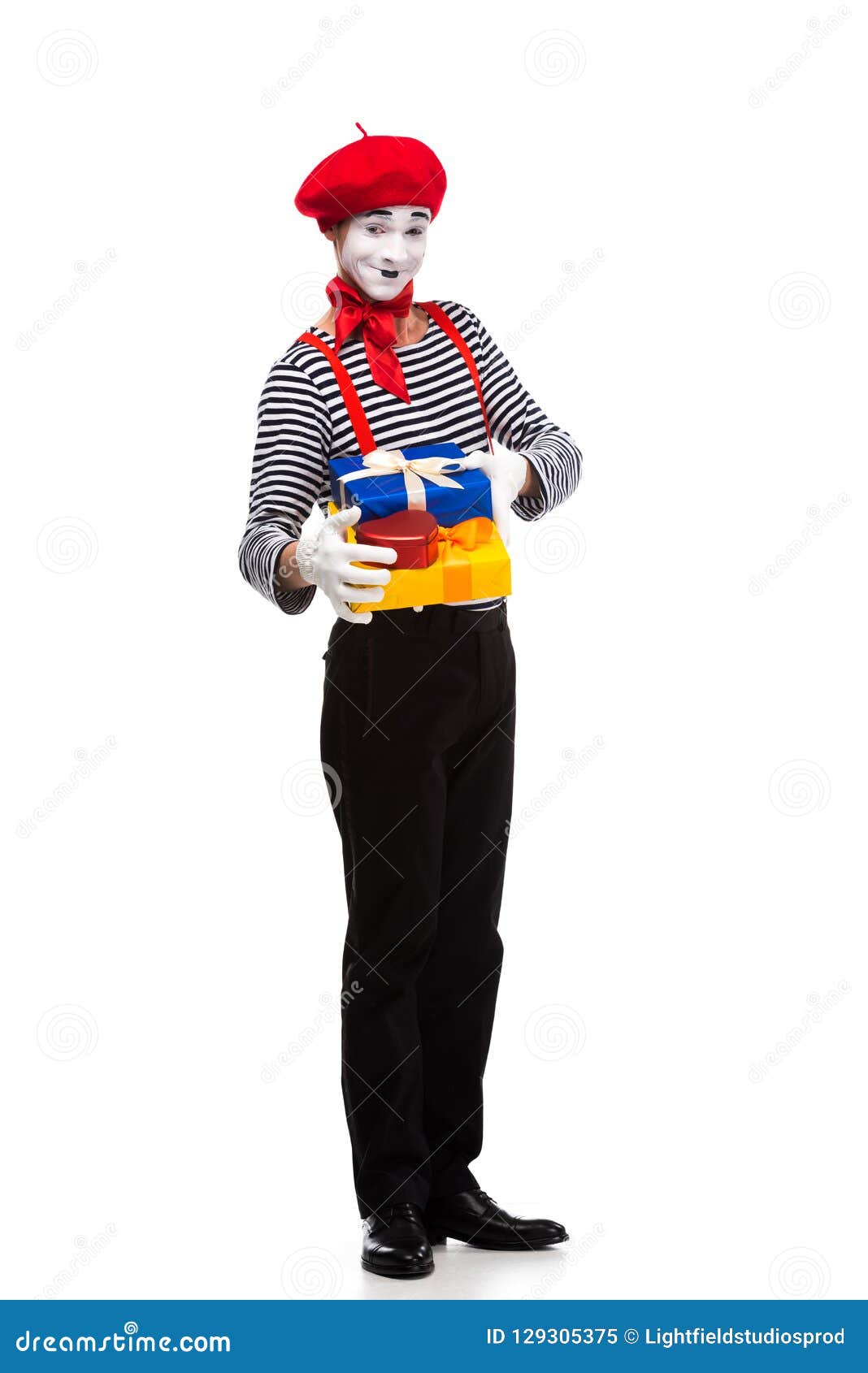 Smiling Mime Holding Gift Boxes Stock Image - Image of clown, handsome ...
