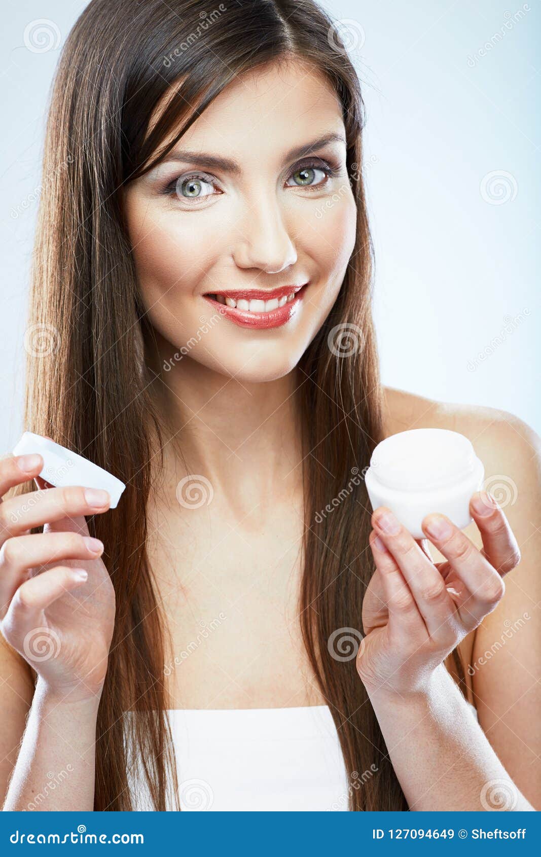 Smiling Model Portrait with Cream. Skin Care Model Posing Stock Image ...
