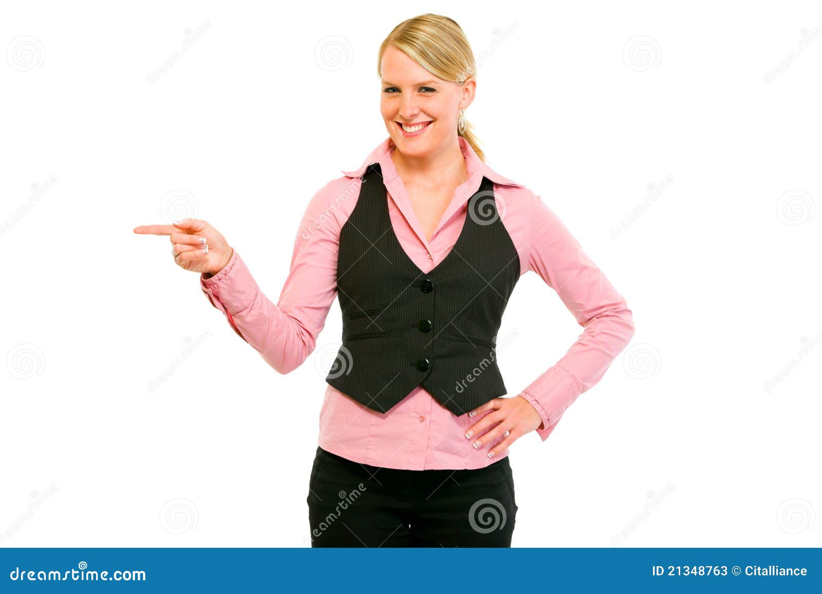 Smiling Modern Business Woman Pointing Corner Stock Image - Image of ...