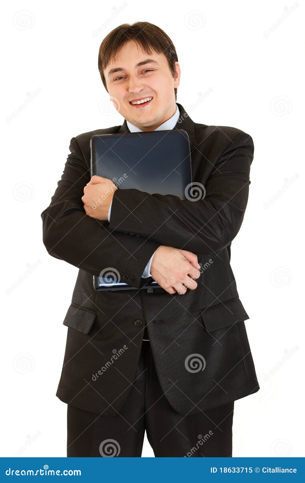 Smiling Modern Businessman Hugging Laptop Stock Image - Image of ...
