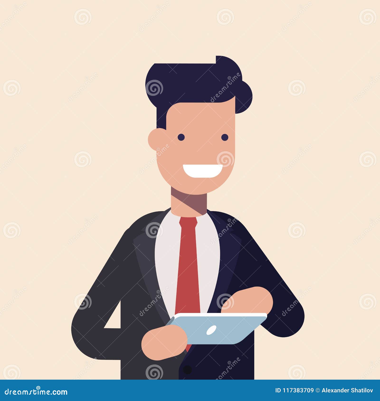 Smiling Modern Businessman Using Tablet. Character in Business Suit ... Smiling Modern Businessman Using Tablet. Character in Business Suit ...