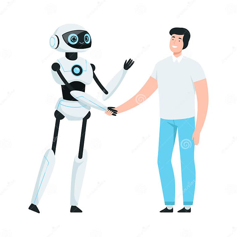 Smiling Modern Humanoid or Robotic Device Shaking Hands with Man Vector ...