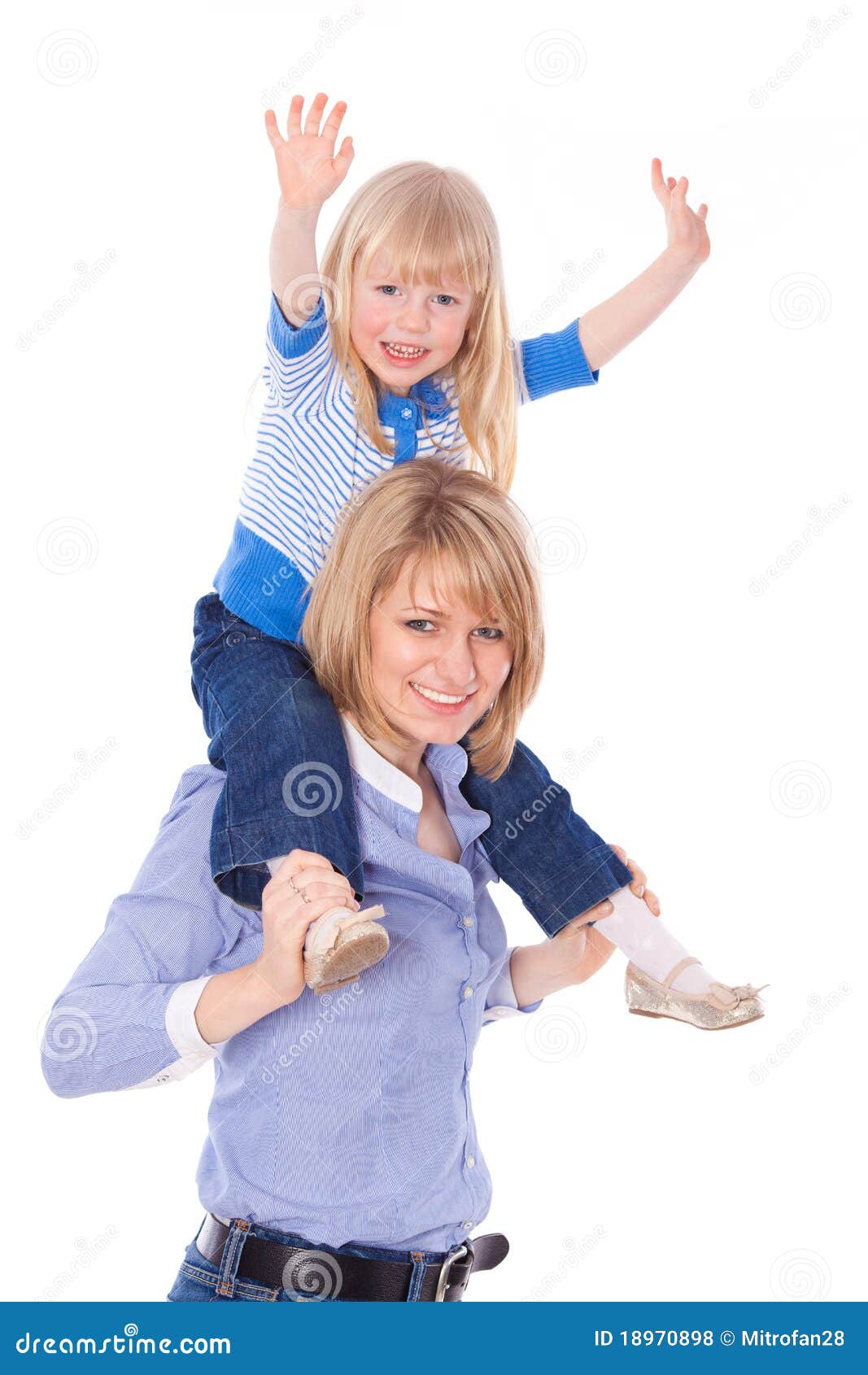 Smiling Mom with Child on Shoulders Stock Photo - Image of blonde, blue ...