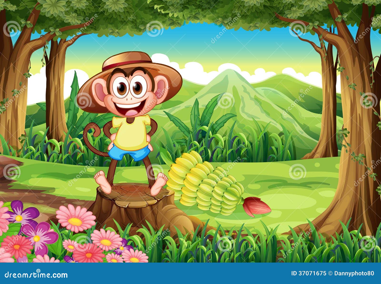 A Smiling Monkey at the Forest Standing Above the Stump Stock ...
