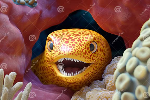 Smiling Moray Eel in Coral Reef a Yellow Moray Eel with a Spotted ...