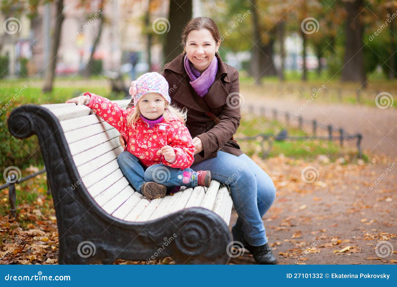 Smiling Mother and Daughter on a Bench Stock Photo - Image of childhood ...