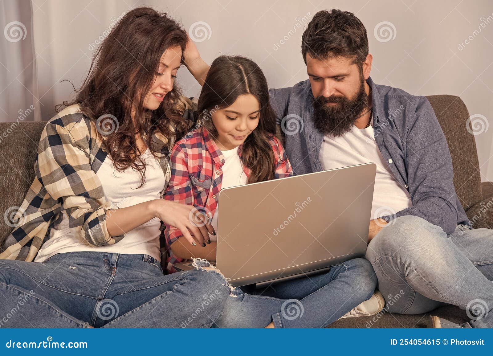 Smiling Mother Father and Daughter Use Computer, Education Stock Image ...
