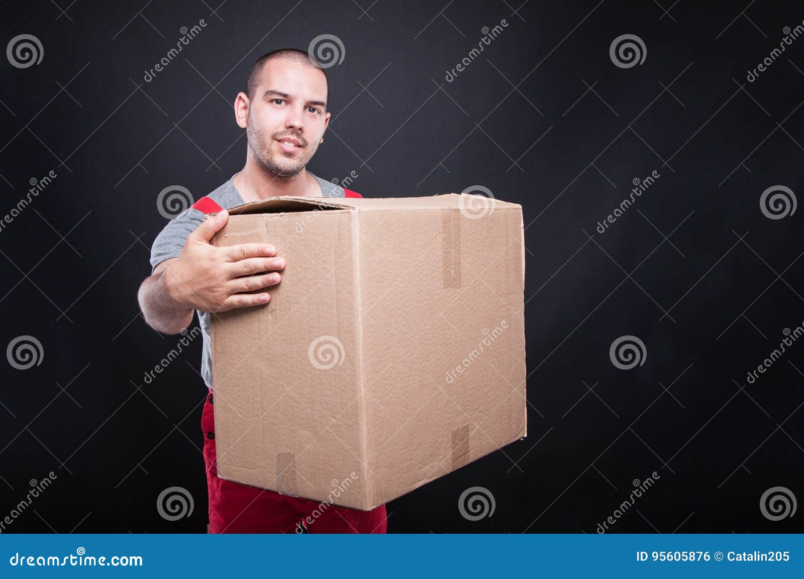 Smiling Mover Man Holding Big Cardboard Box Stock Photo - Image of ...