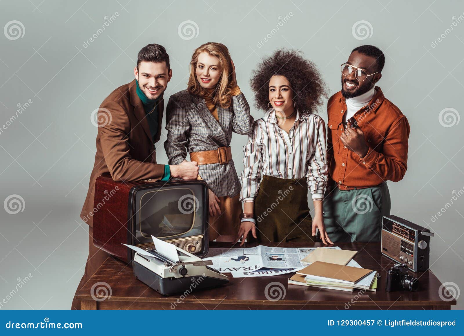 Smiling Multicultural Retro Styled Journalists Looking at Camera in ...
