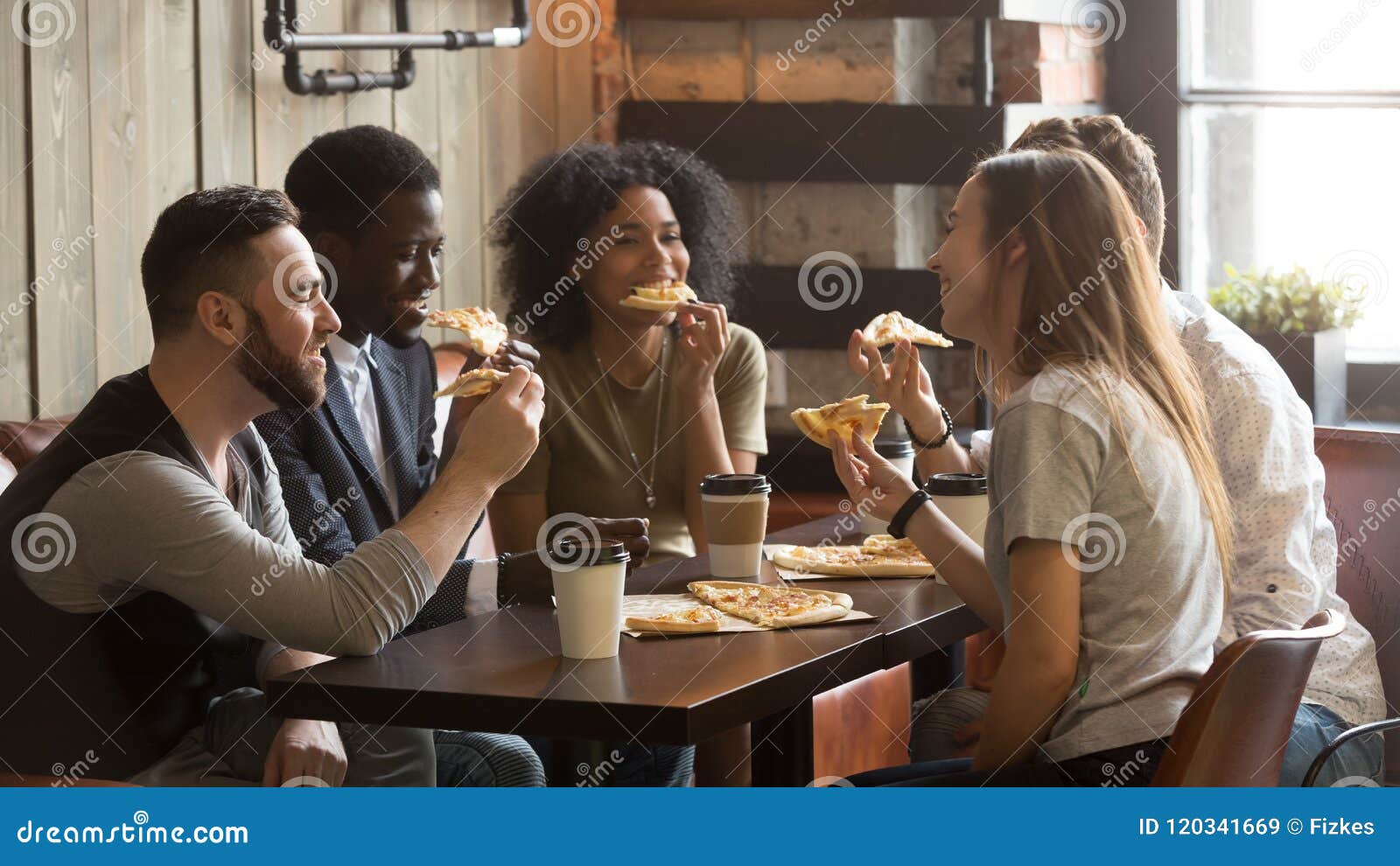 Smiling Multiracial Colleagues Enjoying Lunch Spending Work Brea Stock