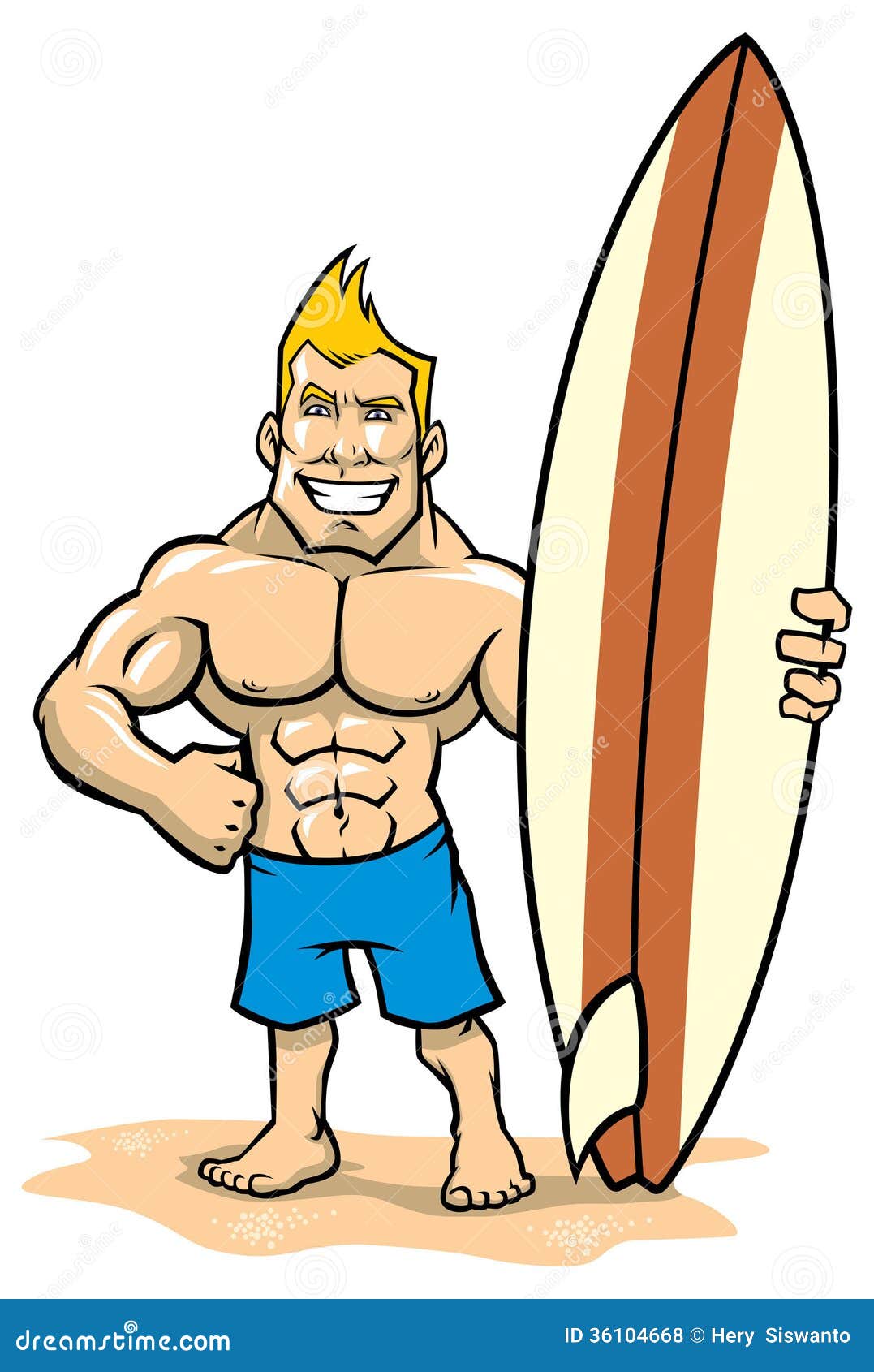 Smiling Muscle Surfer Posing with Surfboard Stock Vector - Illustration ...