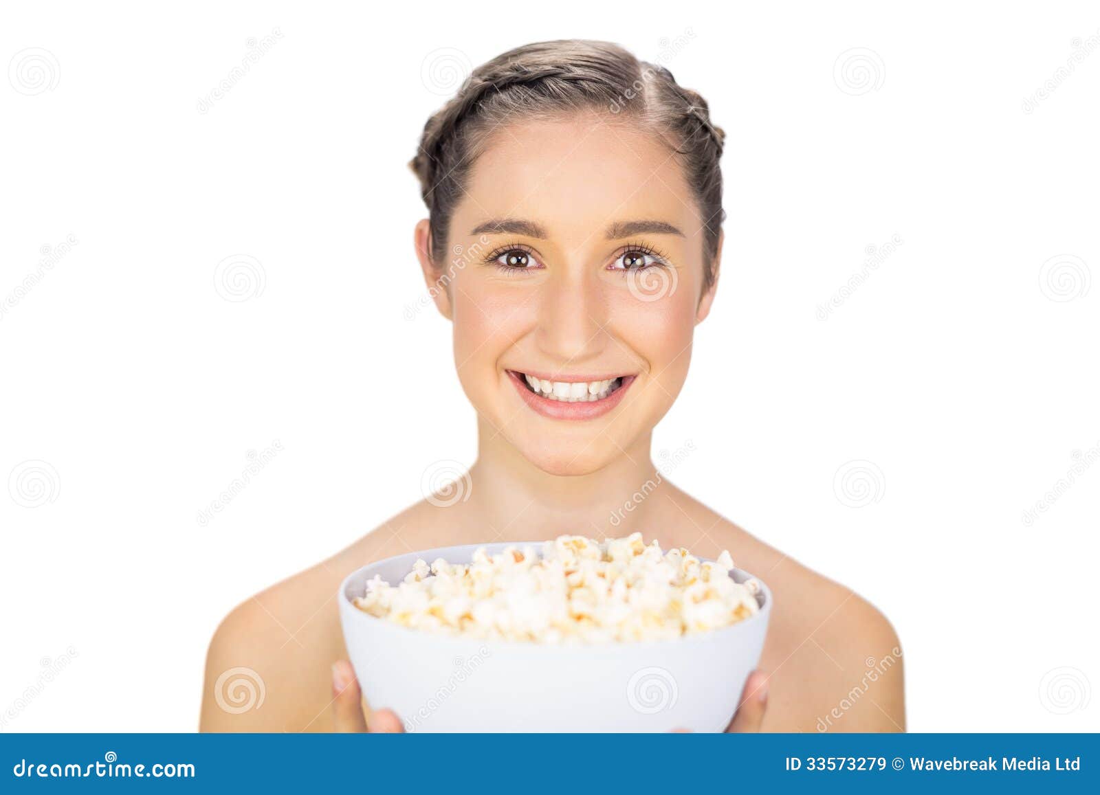 Smiling Natural Model Holding Popcorn Stock Image - Image of ethnicity ...