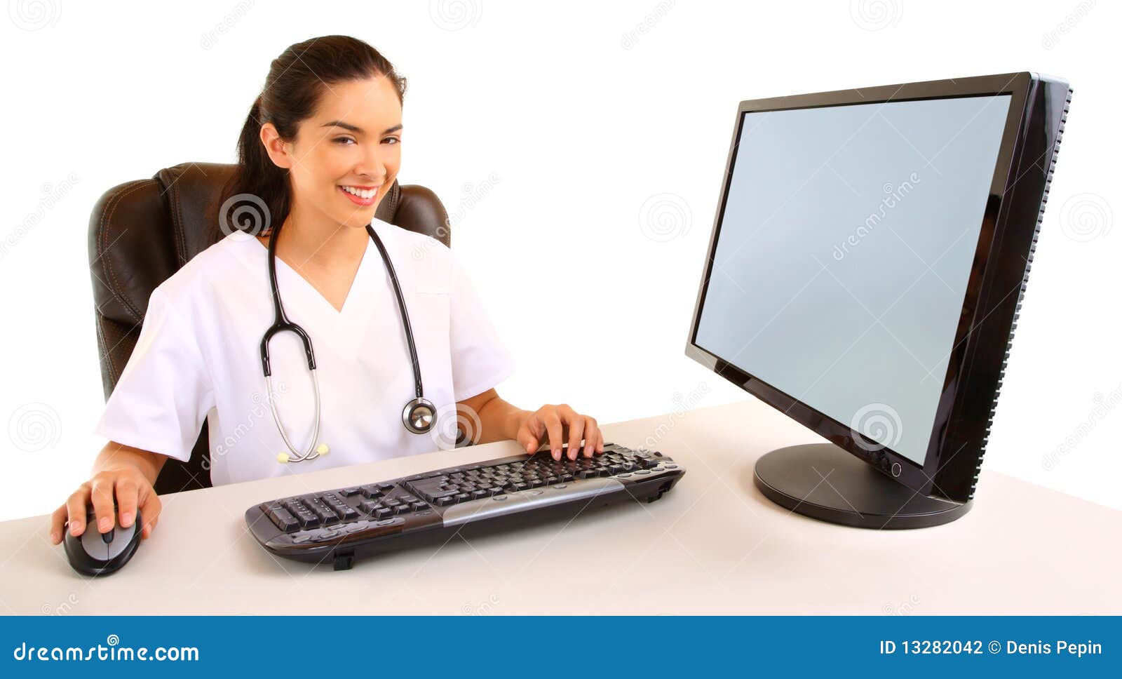 Smiling Nurse Sitting at Her Desk Stock Photo - Image of healthcare ...