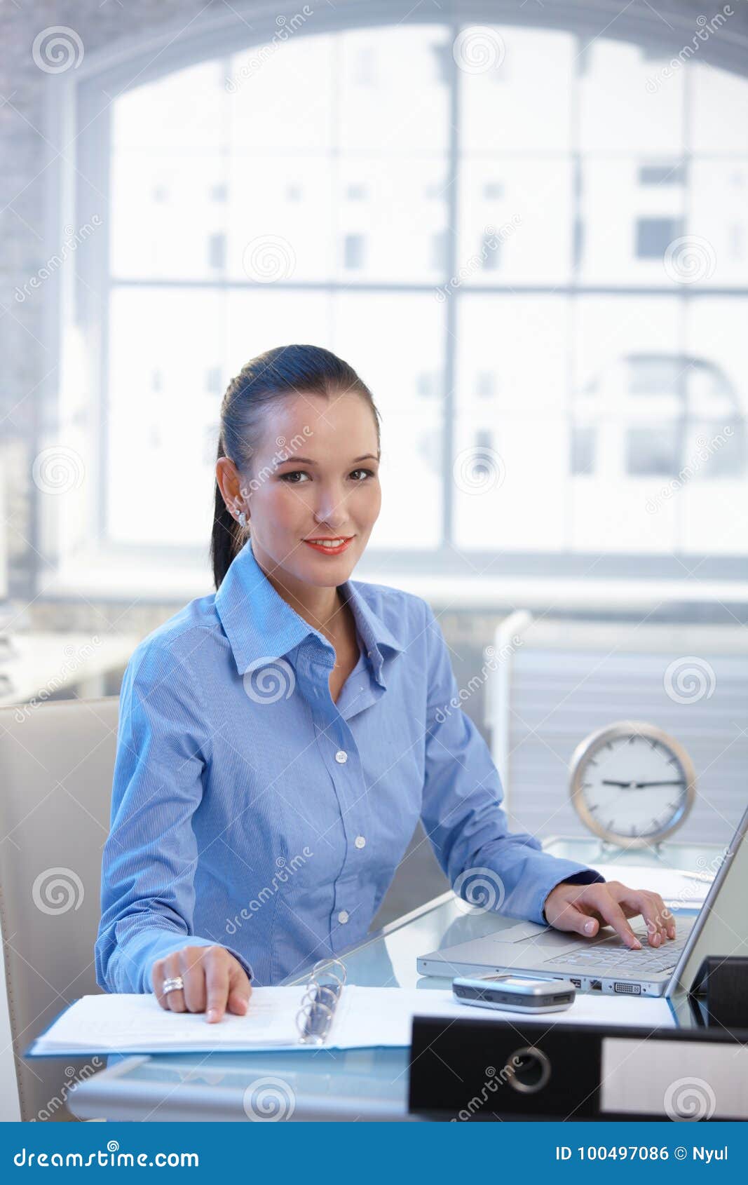 Smiling Office Girl Busy at Desk Stock Photo - Image of formal, hair ...
