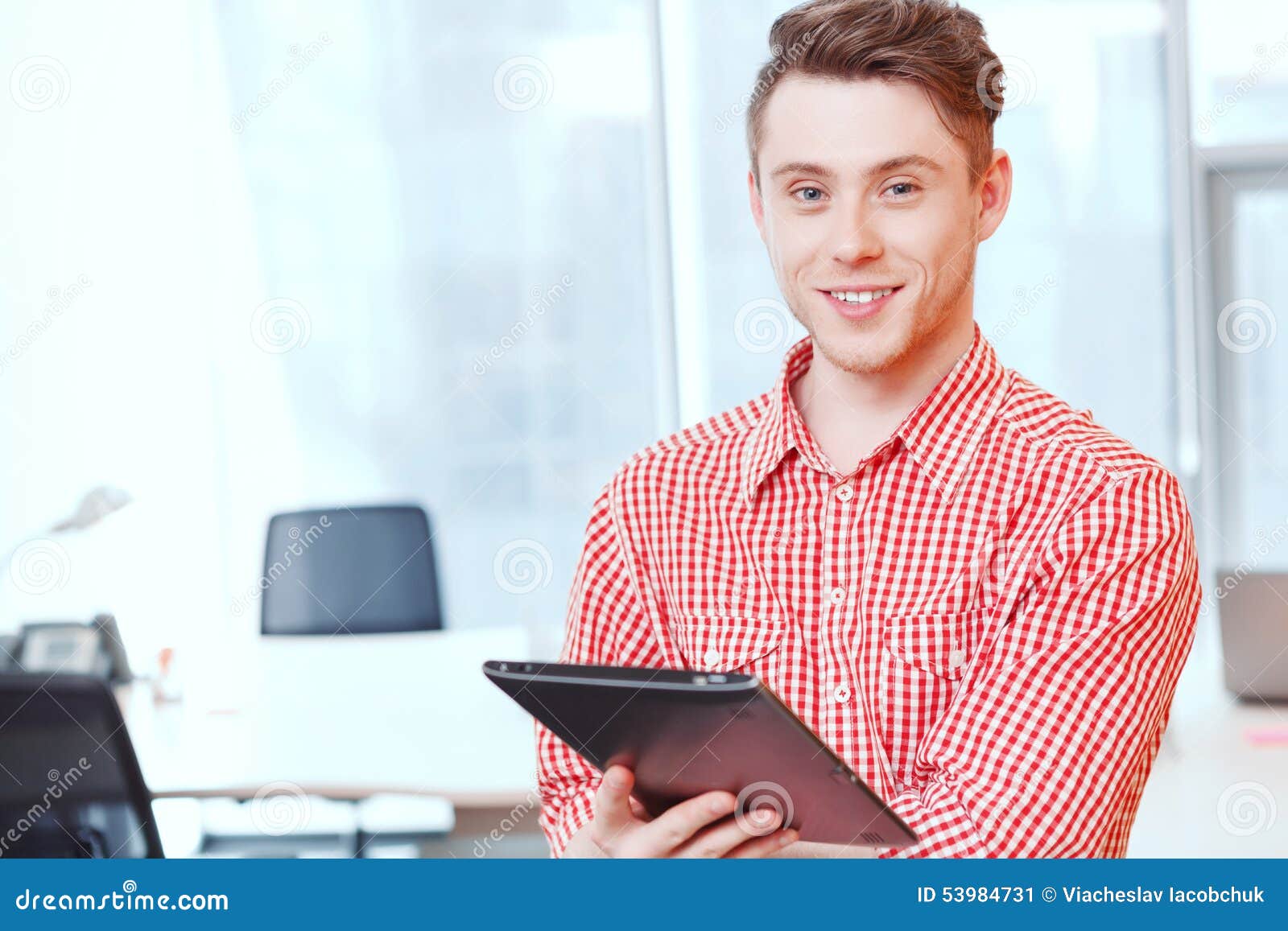 Smiling Office Manager Standing with Tablet Stock Image - Image of ...