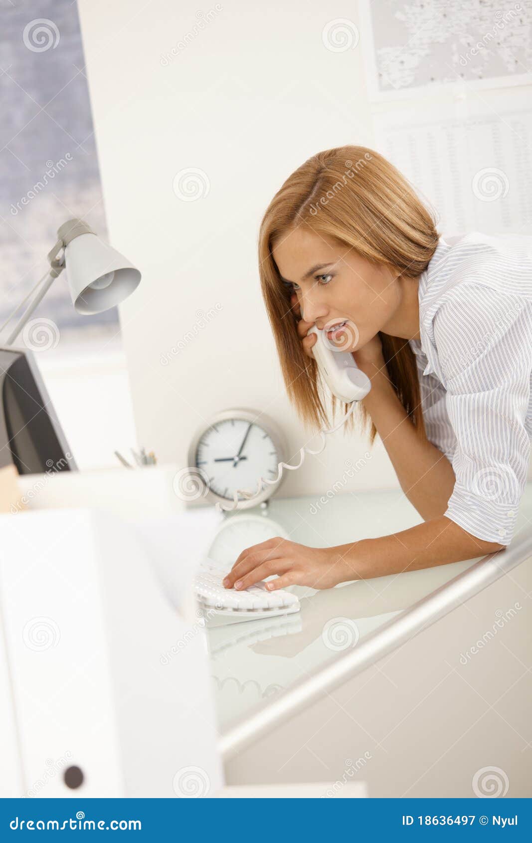 Smiling Office Worker on Call Using Computer Stock Image - Image of ...