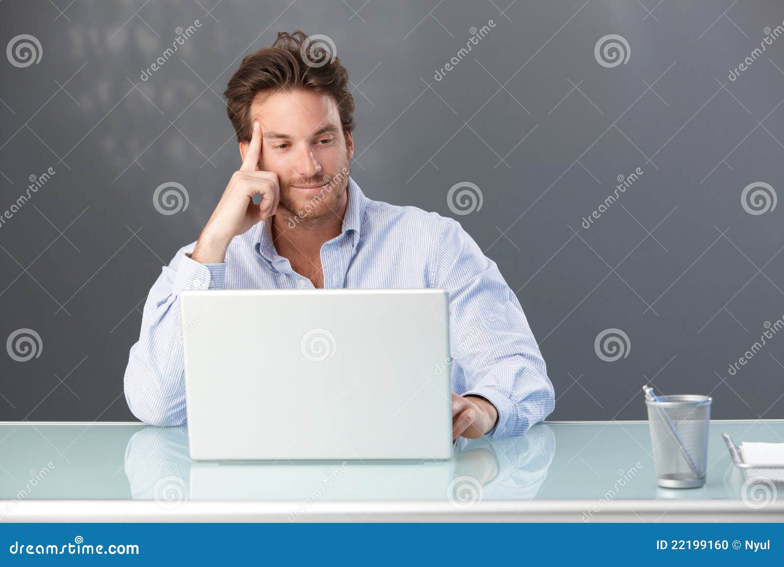 Smiling Office Worker with Computer Stock Photo - Image of ...