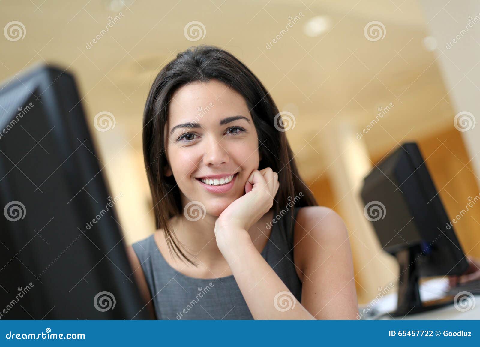 Smiling Office Worker in Front of Computer Stock Photo - Image of girl ...