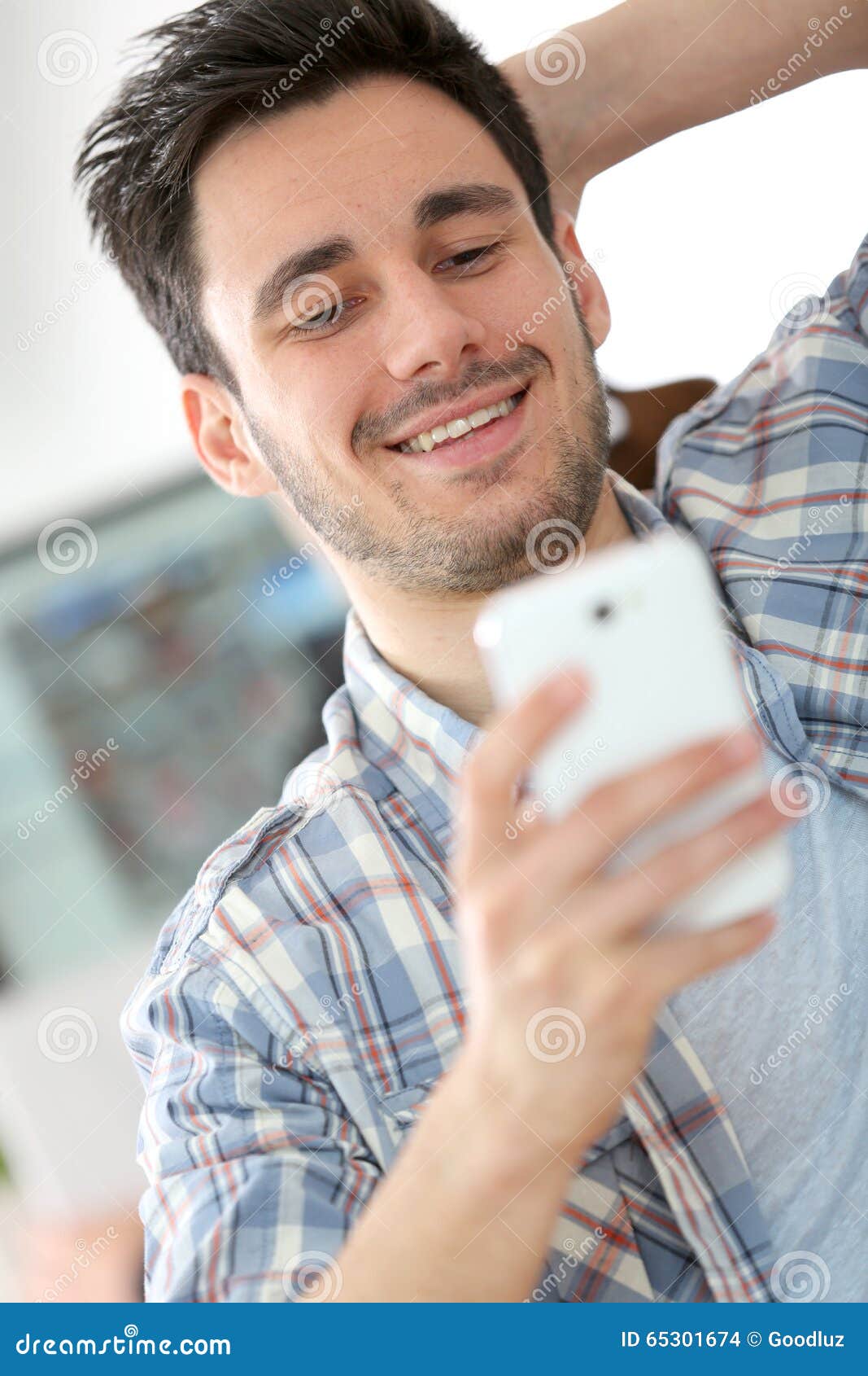 Smiling Office Worker with Smartphone Stock Photo - Image of connection ...