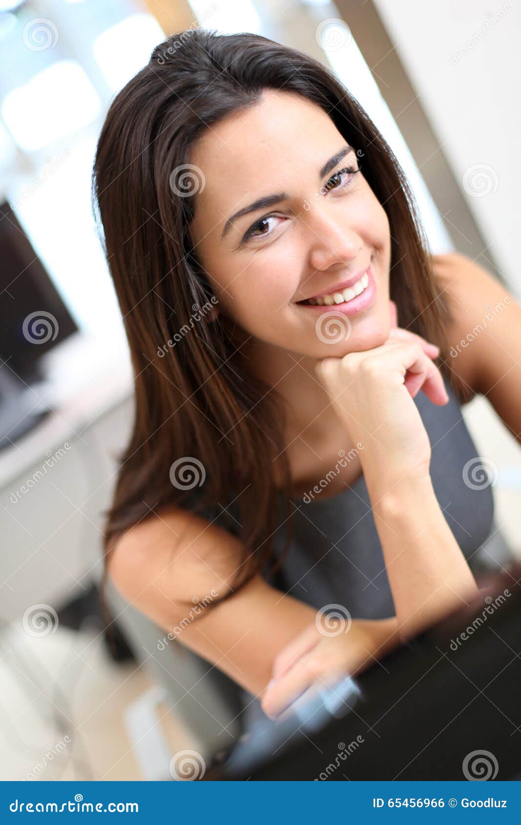 Smiling office worker stock photo. Image of hair, brunette - 65456966